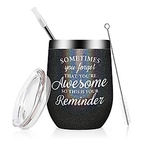 CARAKNOTS Inspirational Gifts for Women Birthday Gifts for Friends Daughter Teacher Sometimes You Forget You're Awesome Black Wine Tumbler Thank You Gifts for Christmas Graduation Thanksgiving Day
