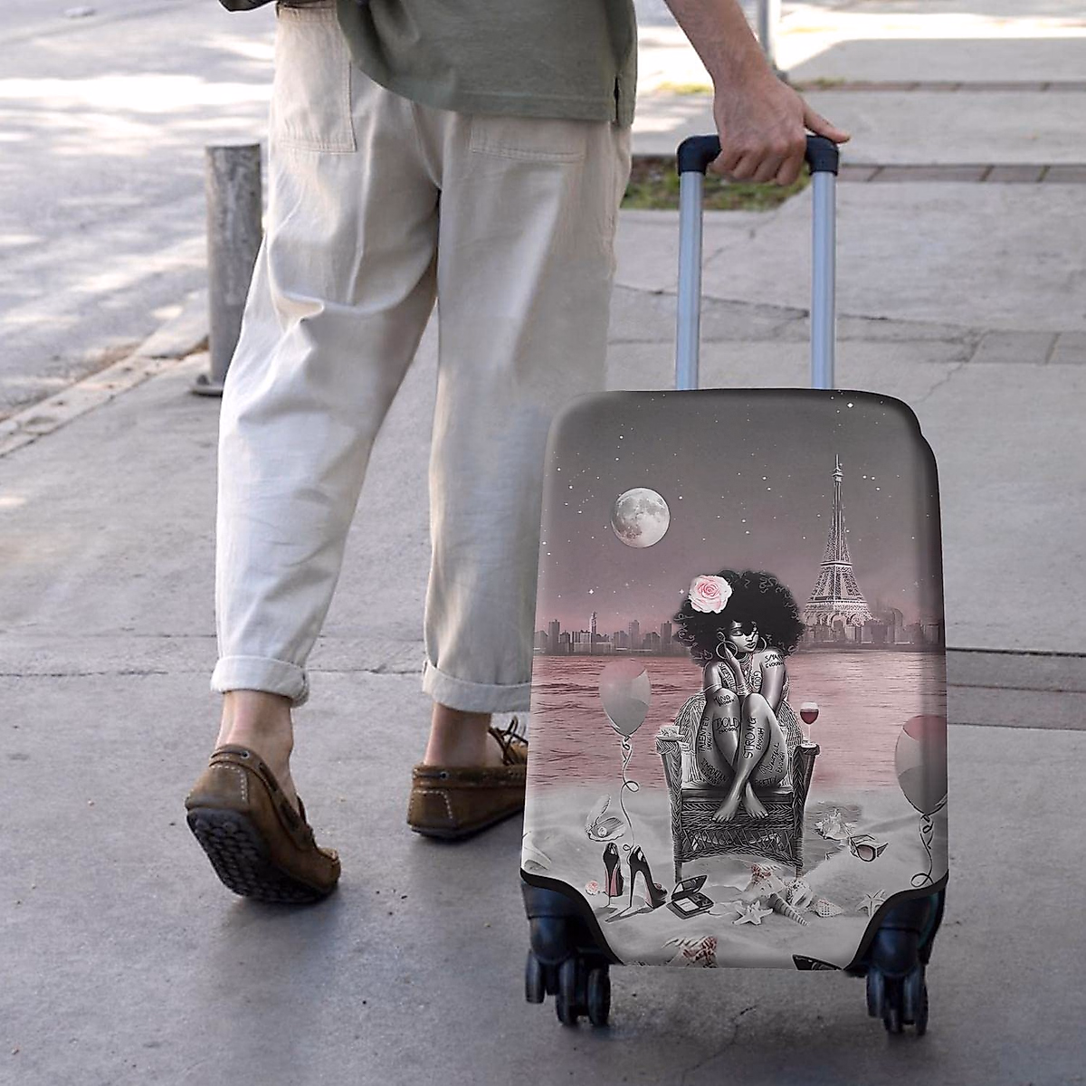 Xidingyue African American Black Girl Luggage Protective Cover Pink and Black Beach Paris Eiffel Tower Suitcase Cover Fit 22-24 Inch Luggage