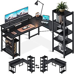 ODK L Shape Computer Desk with Monitor Stand, 48 Inch Home Office Desk with Storage Printer Shelves, Sturdy Writing Table with Reversible Bookshelf for Bedroom, Black