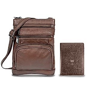 Genuine Leather Cross Body Handbag - Women Messenger Bag with Passport and Vaccine Card Holder (Coffee)