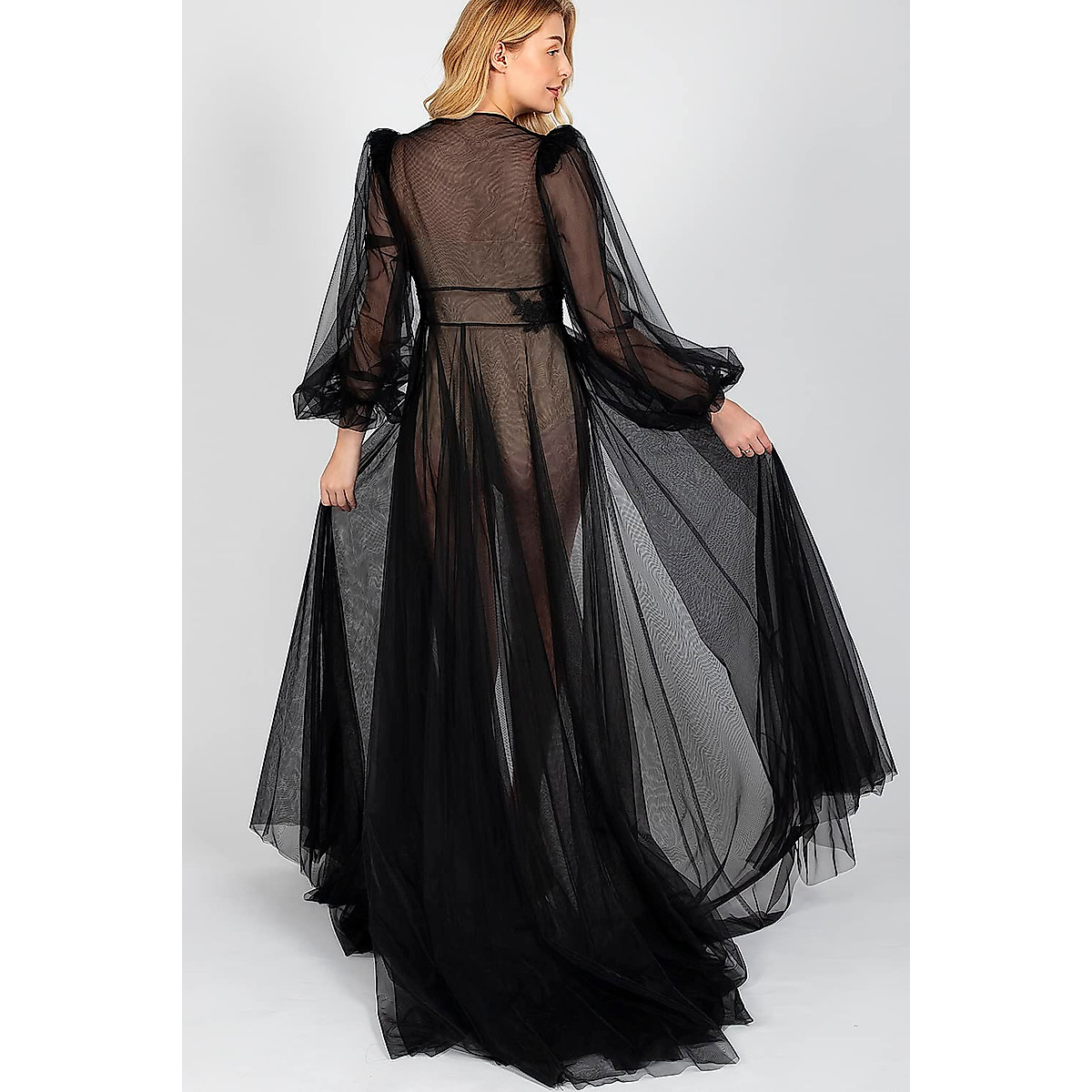 HHQ Bridal Tulle Robe Long White Lace Wedding Nightgowns Women Bride Getting Ready Robe Boudoir Shoot Sheer Dress(Black,L)