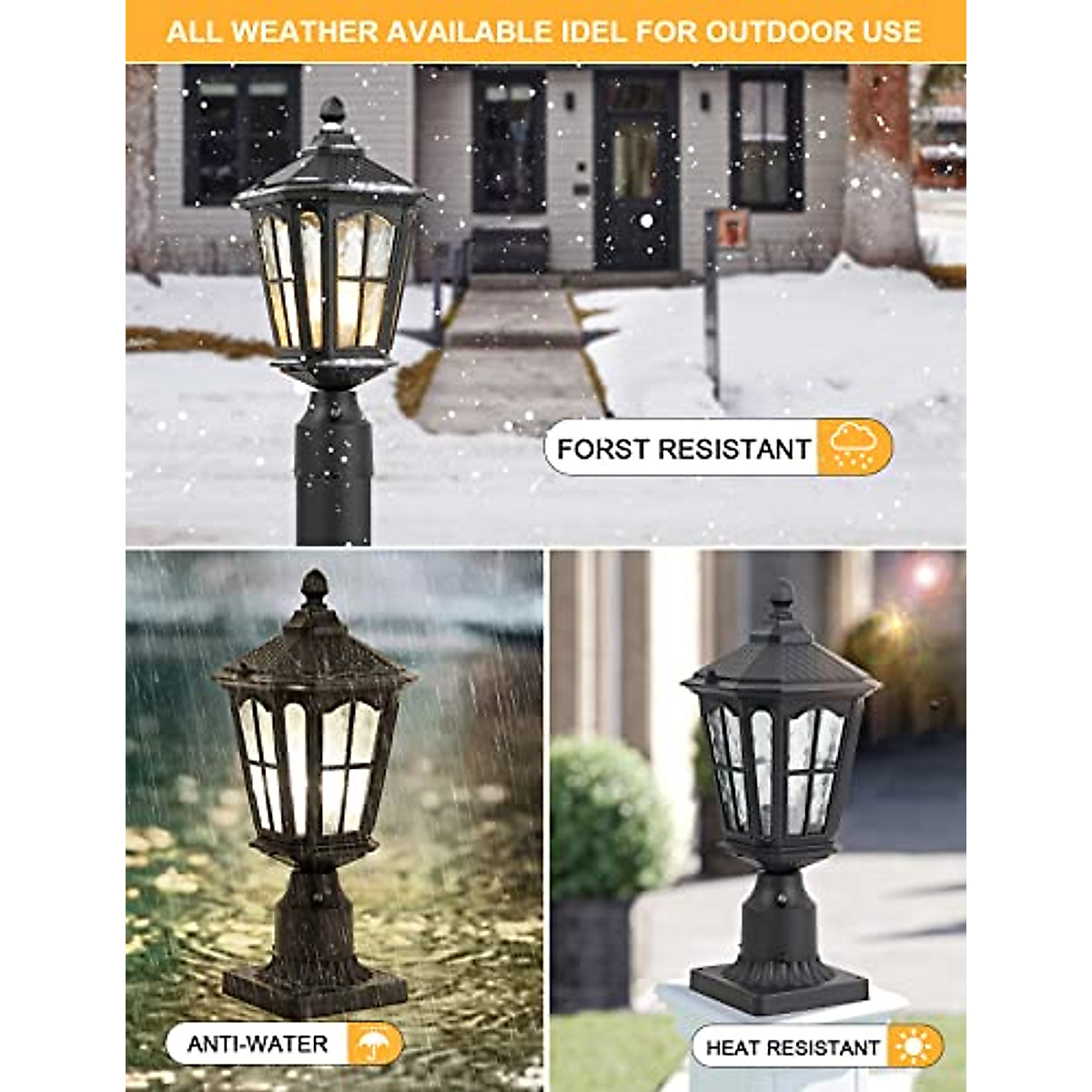 GYDZ Post Light Outdoor with 3-Inch Pier Mount Base, 17''H Exterior Post Light Fixture,Waterproof IP65 Classic Die Cast Aluminum with Water Ripple Glass, E26 Base 60W Max,Matte Black