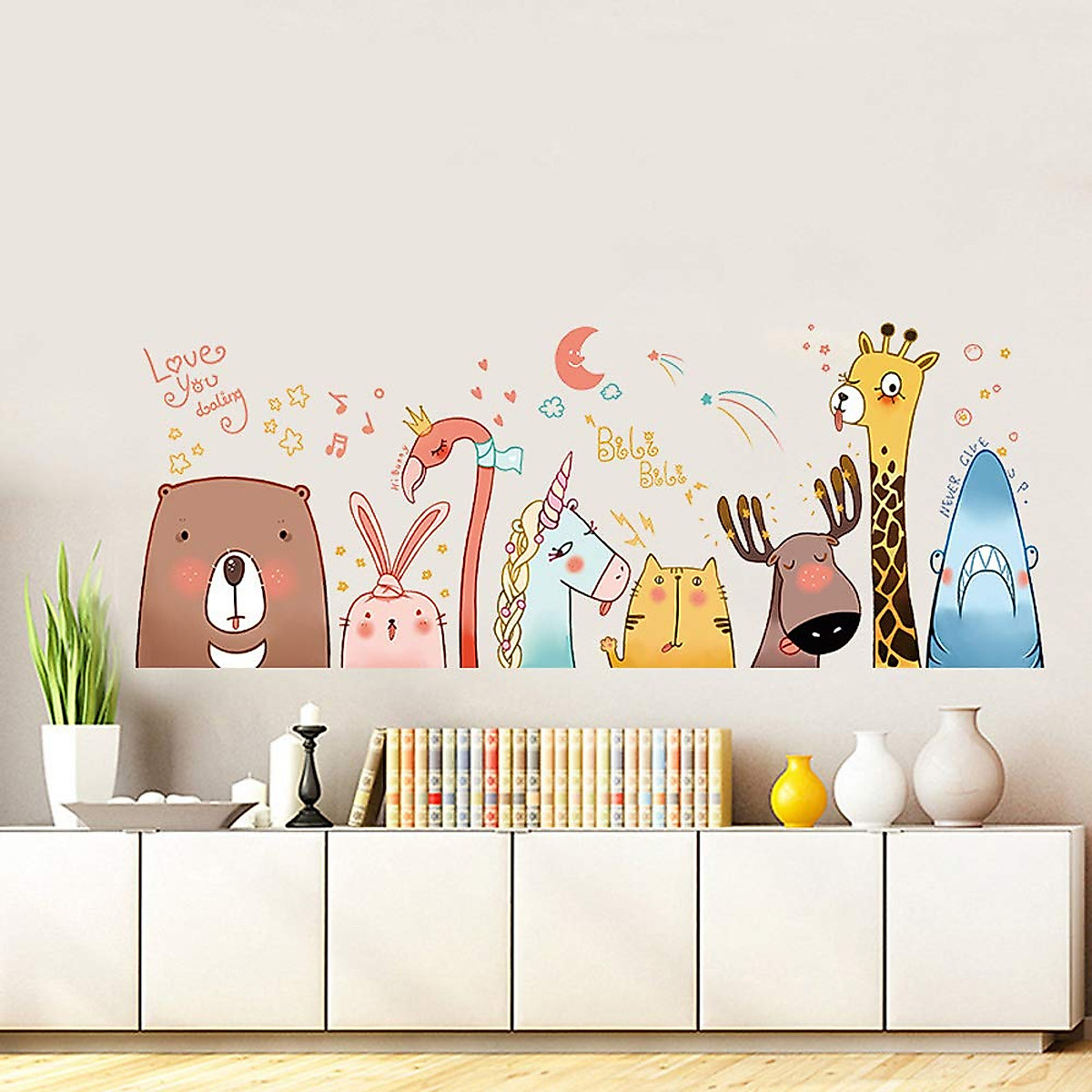 Wallpark Cute Animal Wall Sticker Happy Unicorn Flamingo Shark Removable Wall Decal, Children Kids Baby Home Room Nursery DIY Decorative Adhesive Art Wall Mural
