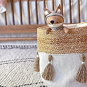 Crane Baby Fabric Storage Bin for Nursery and Toddlers, Toy Storage for Boys and Girls, Cream and Beige, 13" w x 12" h