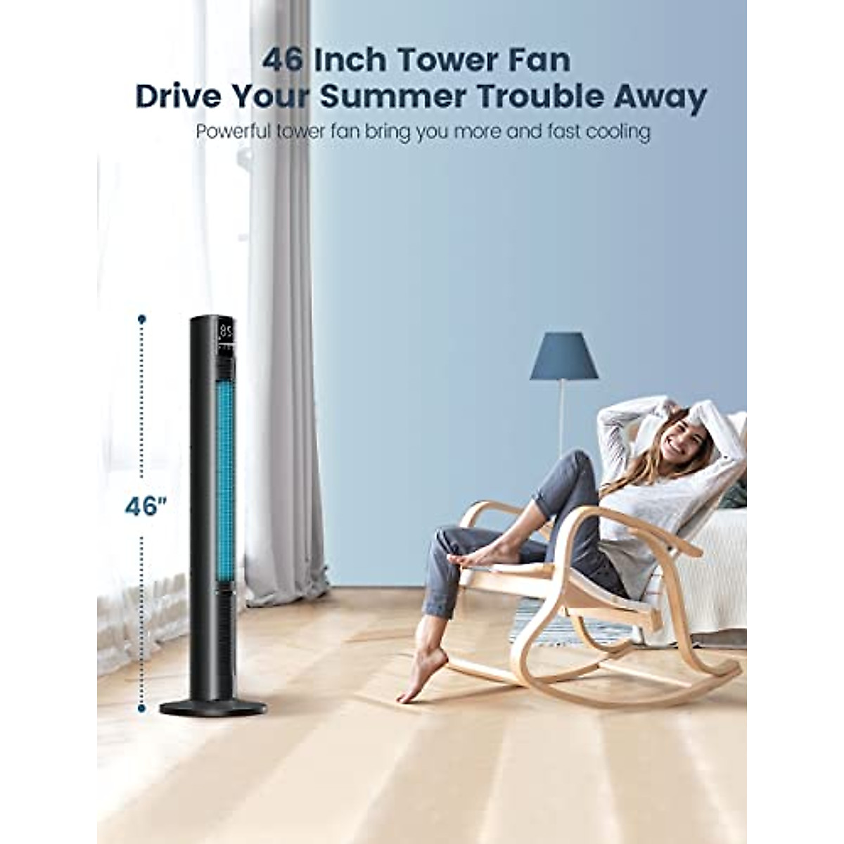 Tower Fan, 46" Oscillating Powerful Bladeless Floor Fan with remote, Quiet Cooling Fan with 4 Speeds and Modes, Built-in 12H Timer LED Display, Portable Stand Fan for Home Bedroom and office Use