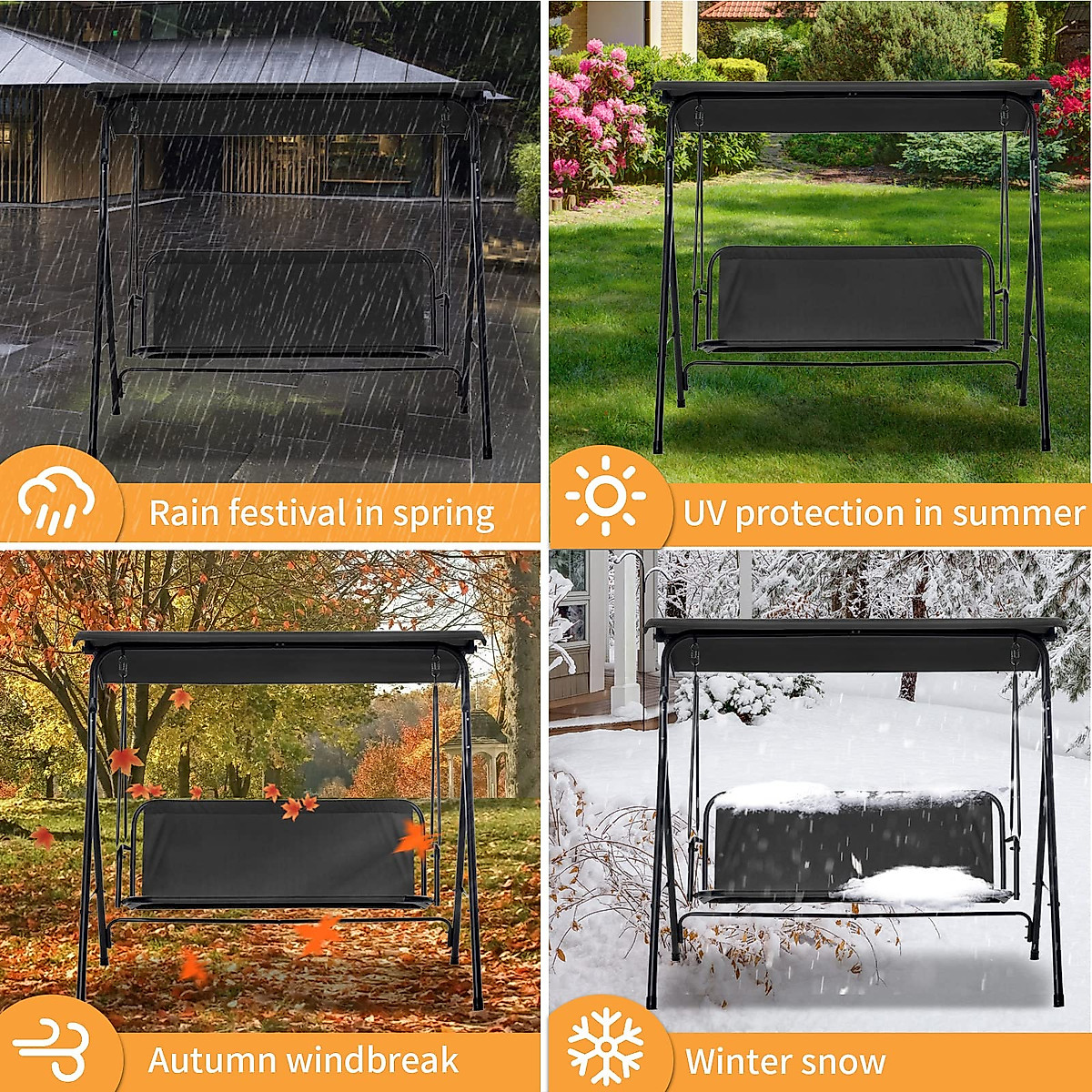 VIKKSAER Outdoor Swing Chair Cover, 2/3 Seat Bench Replacement Cover, 600D Oxford Waterproof & Thickened Swing Seat Cover for Outdoor Patio Garden Swing Chair (Black,54.3 x 19.7 x 19.7 Inch)