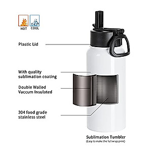 PYD Life Sublimation Water Bottle Blanks Sports Tumbler Cups White 25 OZ Wide Mouth Stainless Steel Vacuum Flask with Straw and Portable Handle for Cricut Mug Press and Tumbler Press Print 4 Pack