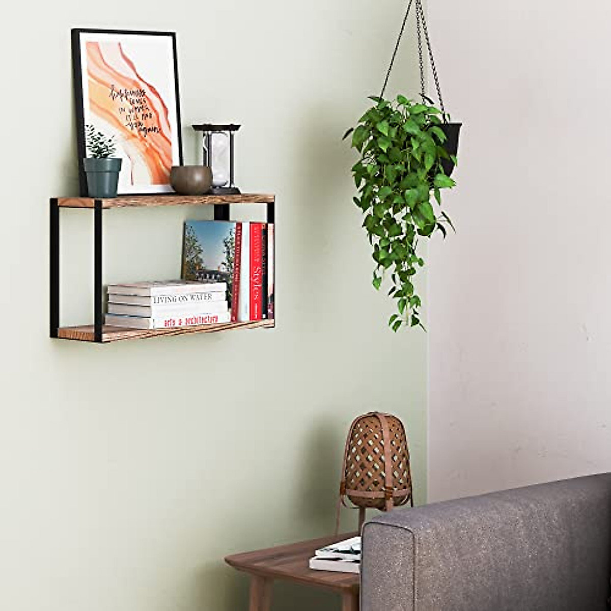 Wallniture Roca 17"x6" Bookshelf for Living Room Decor, Bathroom Organizer Shelf for Bathroom Accessories, 2 Tier Floating Shelves for Bedroom, Office, Burnt Finish