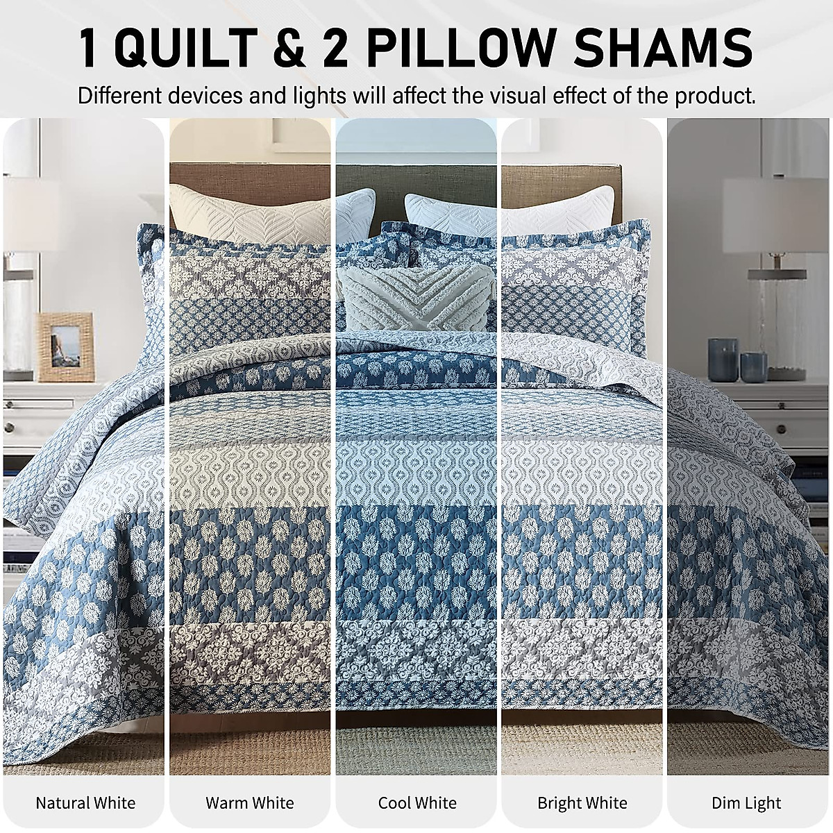 PERHOM Blue Quilt Queen Size - Queen Quilt Set, 100% Long-Staple Cotton Floral Quilt Bedding Set Bedspreads, Patchwork Reversible Lightweight Comforter Bed Spread for All Season, Blue/Gray, 3 Pieces