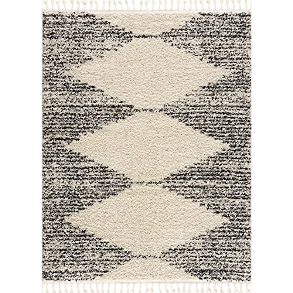 Hauteloom Berber Shag Collection - Howth Farmhouse Living Room Bedroom Round Area Rug with Tassel - Fluffy Plush High Pile Carpet - Southwestern Bohemian Tribal Style - Beige, Black - 7'10" Circle