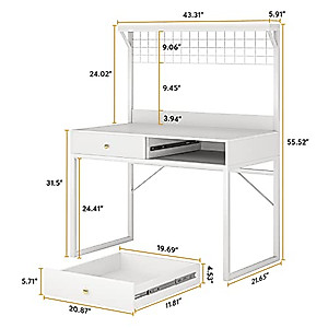 Tribesigns Computer Desk with Hutch,43 Inch Office Desk with Drawers,White Writing Desk Table with Art Display Grid Shelf,Desk for Home Office