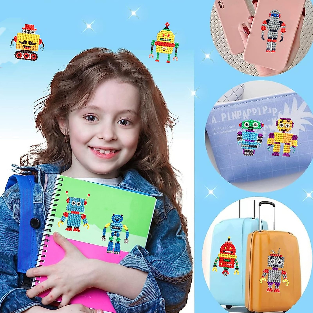 Fadgesy Diamond Painting Kit for Kids,5D DIY Diamond Painting Stickers,Kids for Boys and Girls Ages 4-8,6-12 Birthday Gifts for Girl (A-Versatile Robot 12pcs), Animals, Multicolour