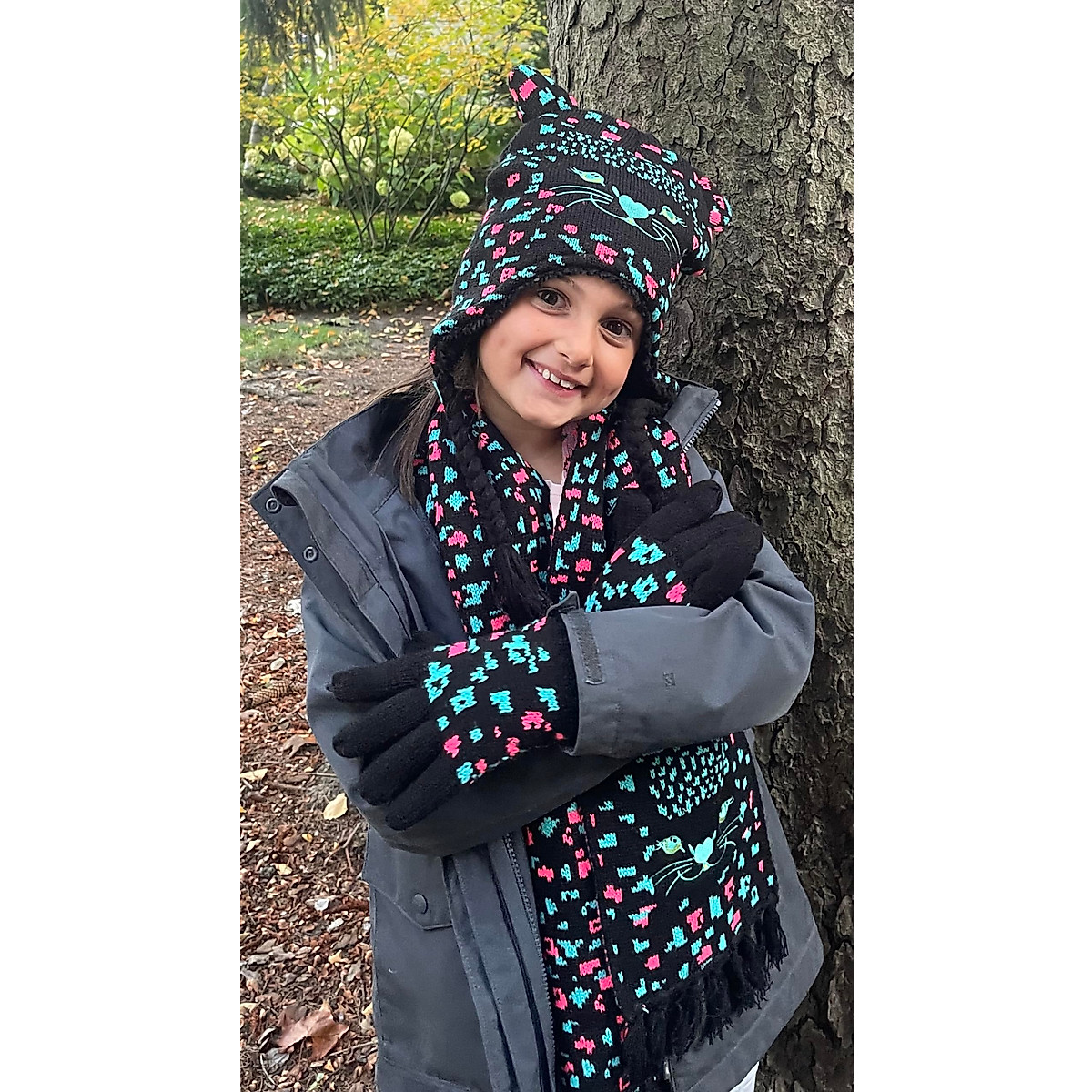 N'Ice Caps Kids Hat Glove Scarf Girls Winter Knit Accessory Set Warm Sherpa Lined 3 Piece (Black Kitten, 4-7 Years)