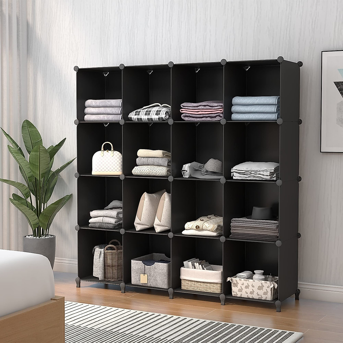 Wolizom Cube Storage Organizer, 16-Cube Black Closet Storage Shelves, Modular Units, Closet Cabinet, Portable DIY Plastic Book Shelf Shelving for Bedroom, Office, Living Room
