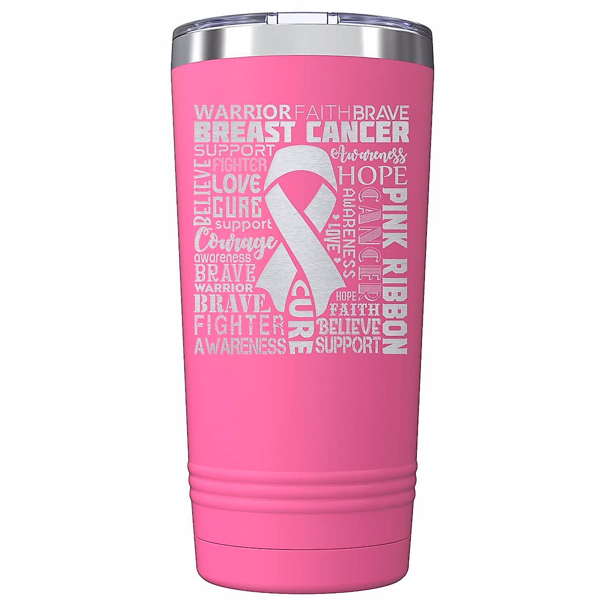 shop4ever Breast Cancer Awareness Ribbon Word Cloud Insulated Tumblers 20 oz. with Lid, Stainless Steel Cups Travel Coffee Mug (Pink)