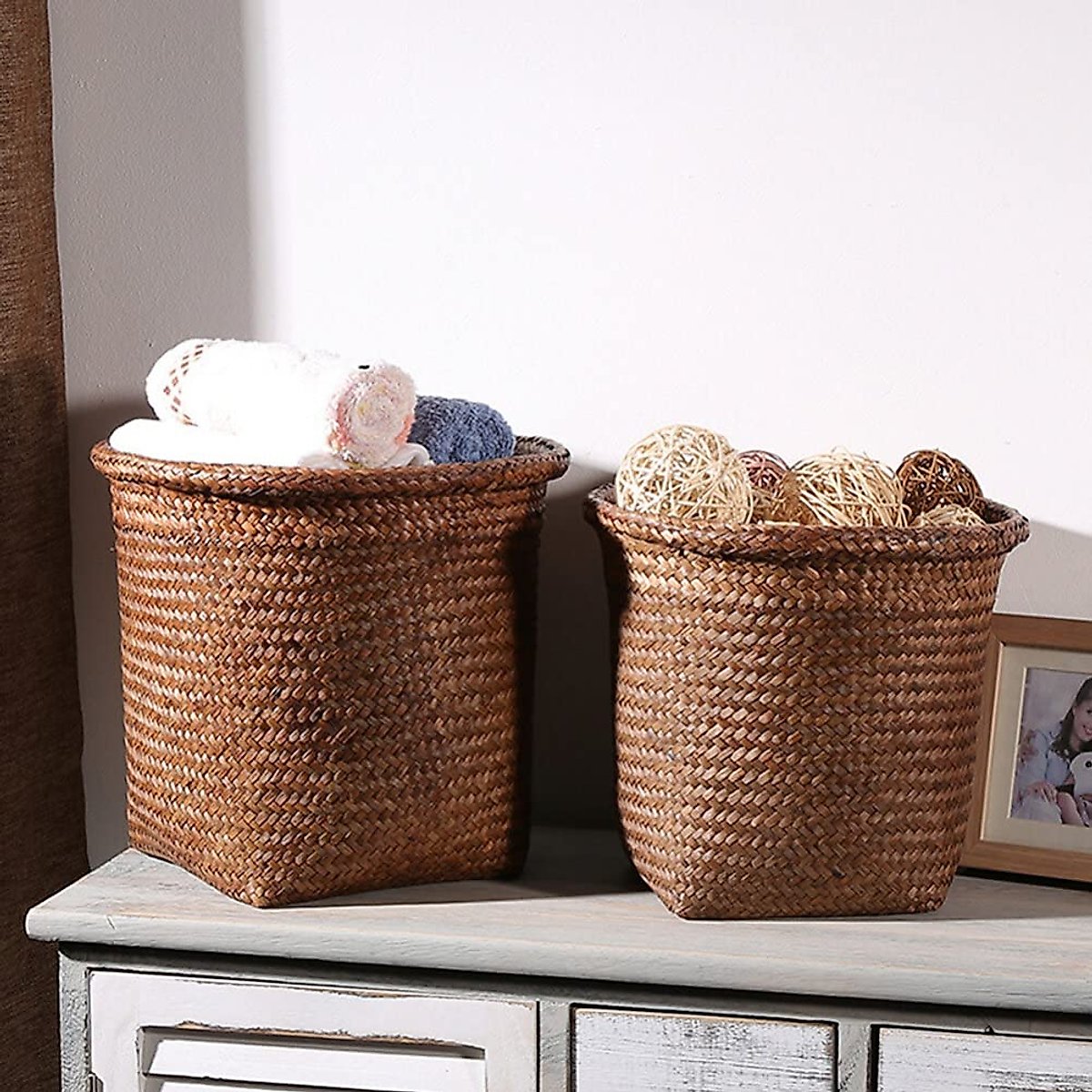 1Pc Straw Woven Wastebasket Retro Garbage Can Straw Rubbish Container Wicker Waste Basket（Small）
