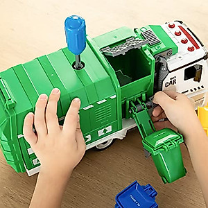 JOYIN Recycling Garbage Truck Toy, Kids DIY Assembly Friction Powered Side-Dump Garbage Toy with Light and Sounds, 3 Trash Cans, 3 Replaceable Screwdrivers, Boys & Girls Gifts