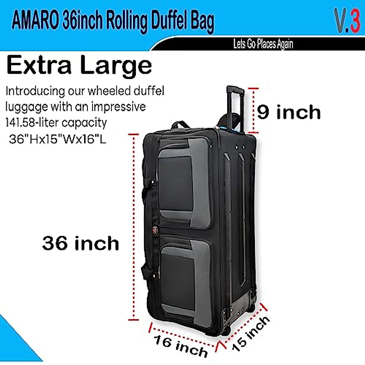 Amaro 120L Large Wheeled Rolling Duffel Bag, Duffel Bag With Wheels, Camping Luggage Bag, Black/Grey, 36 inch