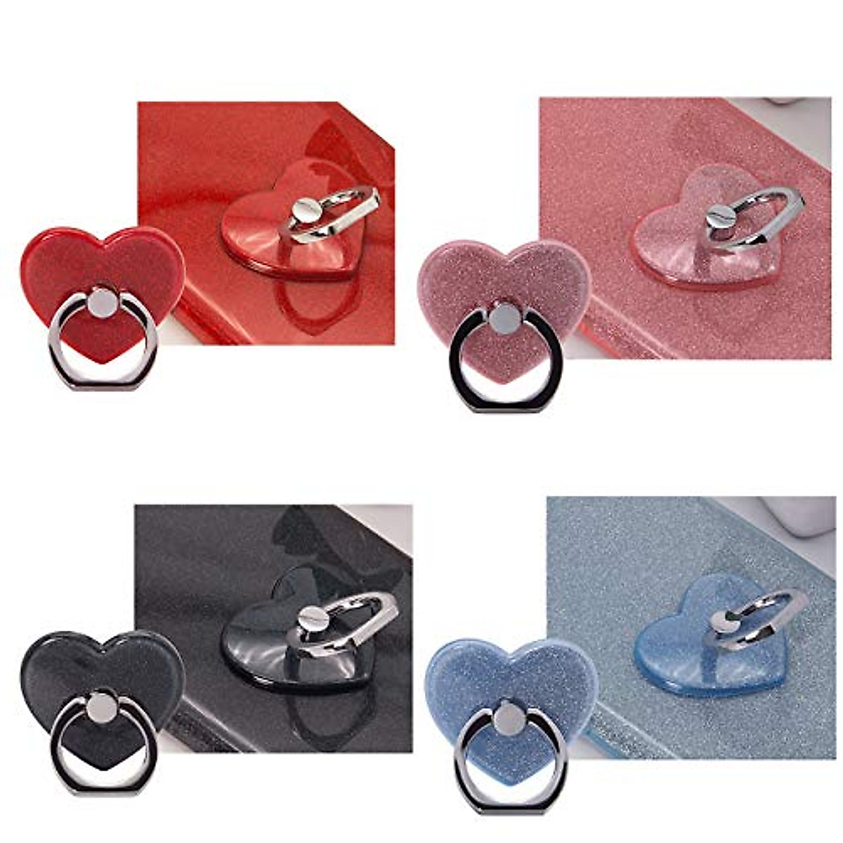 MuZiFei Phone Ring Stand Holder,2-Pack Heart Crystal Diamond Rhinestone Bling Glitter Sparkle Universal 360° Rotation Cell Phone Stent Holder Grip Kickstand for Almost All Phones/Cases (Black)