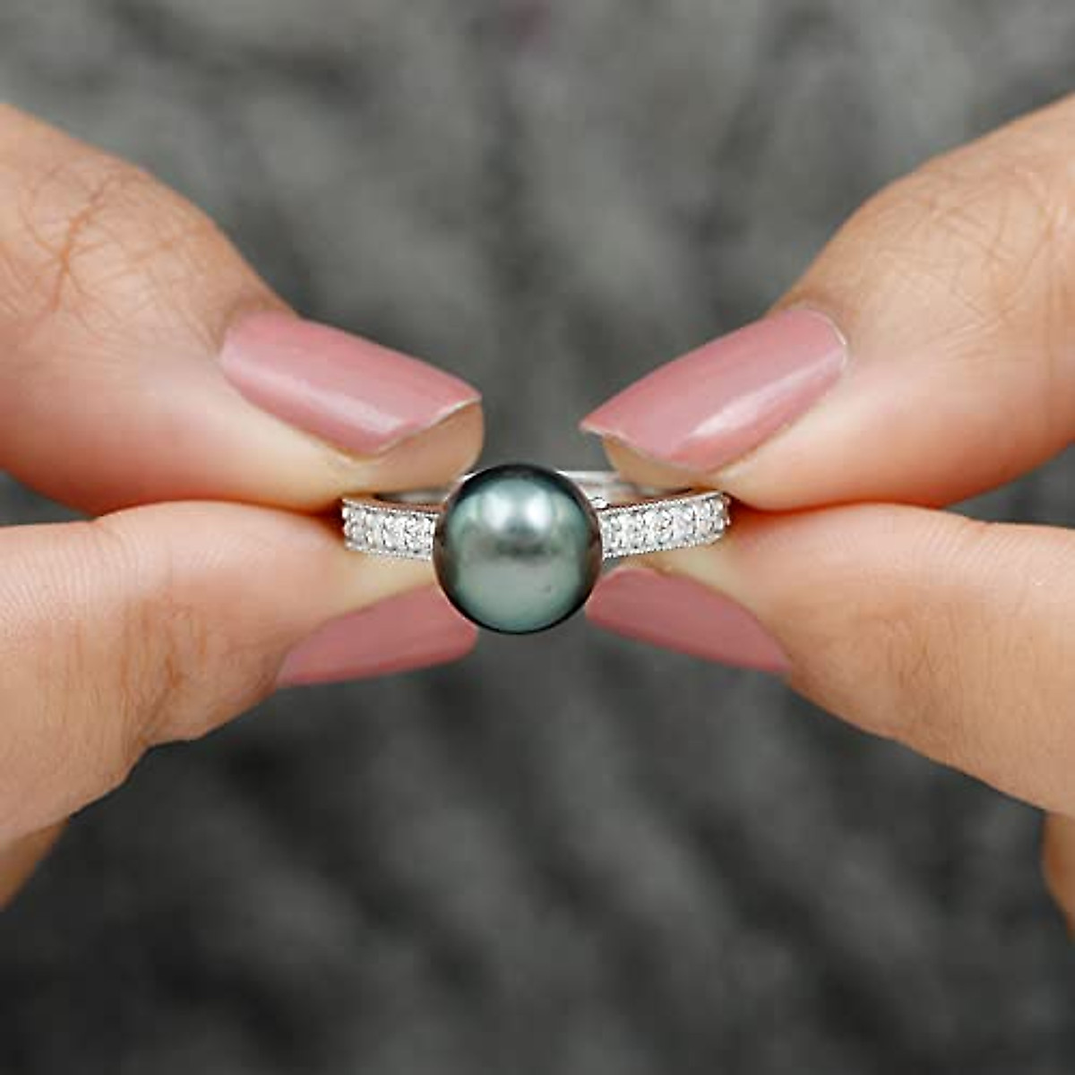 Rosec Jewels Real Tahitian Pearl Solitaire Ring with Diamond, 9 cttw, Aaa Quality, 14K White Gold, Size:US 9.00