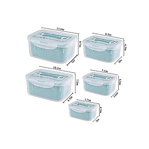 Plastic Food Storage Containers, Fresh Vegetable Fruit Storage Containers for Refrigerator, Kitchen Produce Saver Container with a Draining Basket, BPA Free (5 Pack)