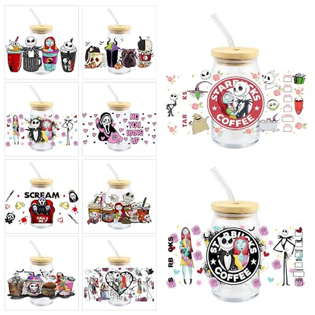 UV DTF Cup Wrap Transfer Stickers for Glass, 10 Sheet Halloween Rub on Transfers for Crafting, UV DTF Transfer Waterproof Sticker for 16OZ Libbey Glass Cups Furniture Craft Wood DIY Crafts