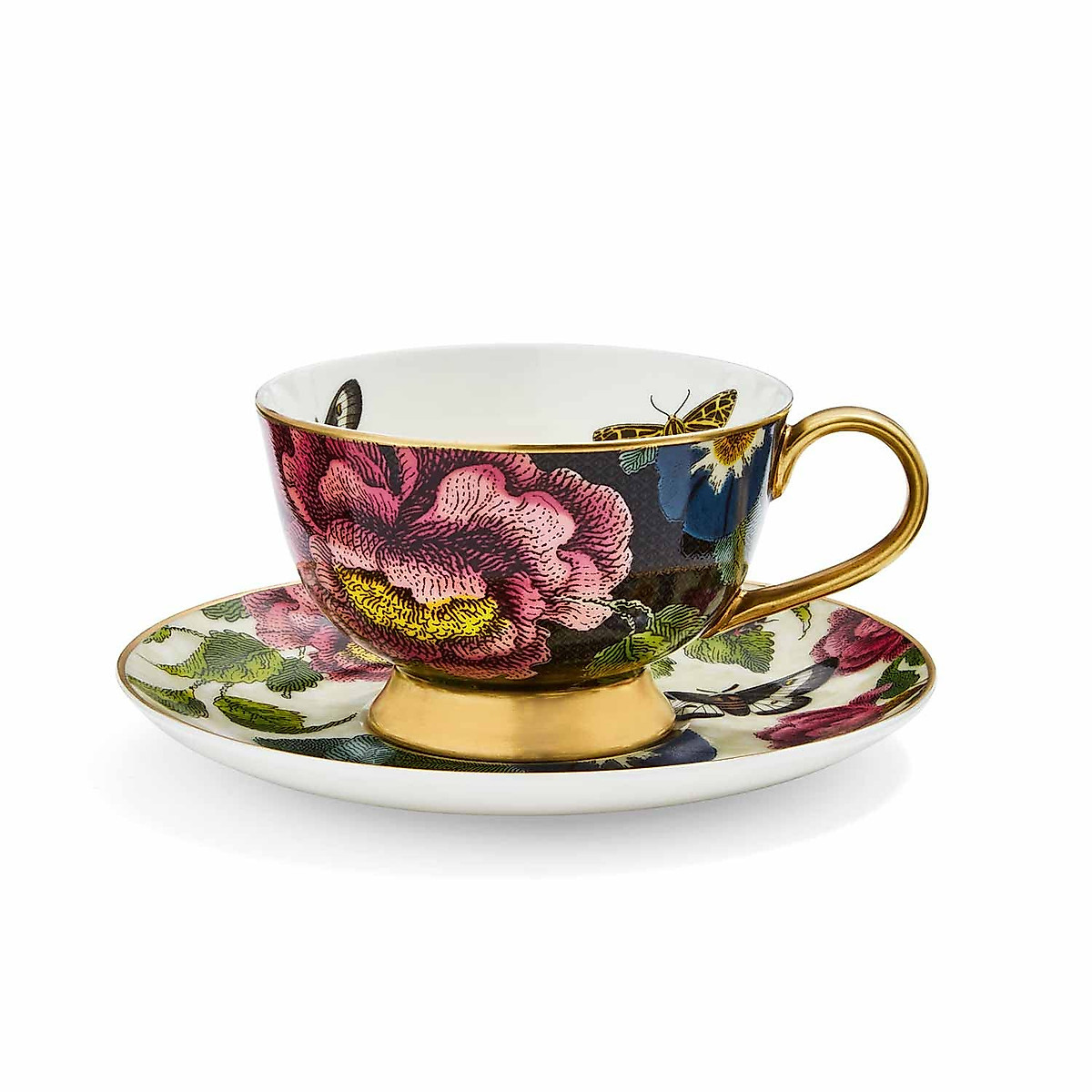 Spode Creatures of Curiosity Collection Coupe Teacup and Saucer Set, Black Floral Mug and White Floral Saucer, Gold Rim, 6.7 oz, Made of Fine China, Specialty Coffee Drinks, Lattes, and Tea