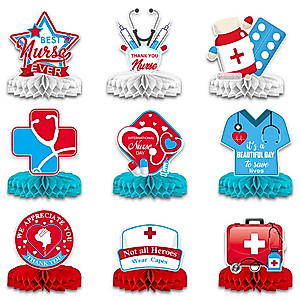 Estivaux 9 PCS Nurse Honeycomb Centerpieces Nurses Appreciation Week Honeycomb Table Centerpiece Nurse Day Table Toppers for Nurses Graduation Party Decorations 2024 Grad Party Favor Supplies