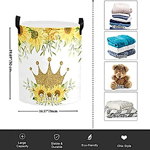 Floral Crown Princess Sunflower Personalized Laundry Basket Hamper,Collapsible Storage Baskets with Handles for Kids Room,Clothes, Nursery Decor