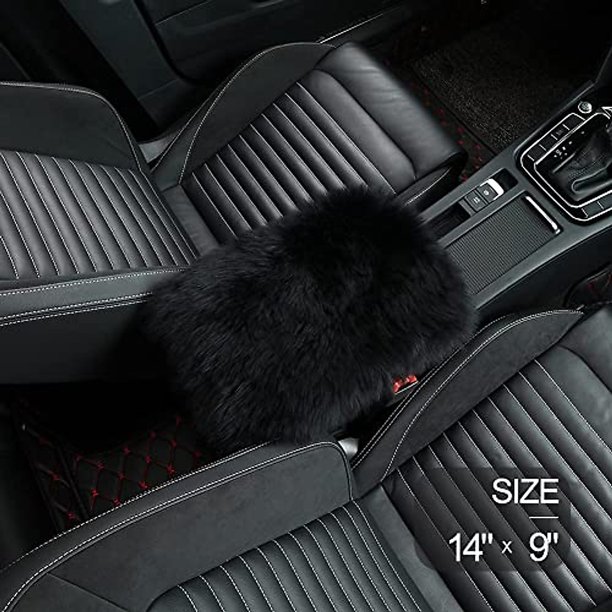 LLB Auto Center Console Cover Pad Universal Fit for SUV/Truck/Car, Genuine Sheepskin Wool Fur Car Armrest Seat Box Cover, Furry Fluffy Auto Armrest Cover Protector (Black)
