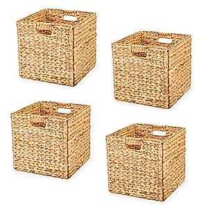 LilaCraft Set 4 Natural Storage Cubes Baskets for Organizing, Water Hyacinth Wicker Storage Baskets, Rope Woven Baskets for Storage with Carrying Handles Decor, Brown (12″×12″×12″)