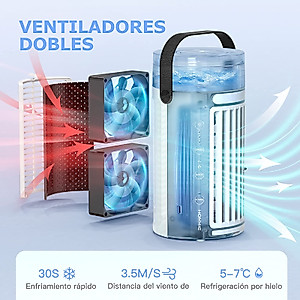 Portable Air Conditioner, Hommie 5 in 1 Personal Mini Air Cooler with 2 Fans, 8 Colors LED Light and 3 Speeds, Small Desk Mini Ac Evaporative Cooler Fanfor Personal Use Small Room