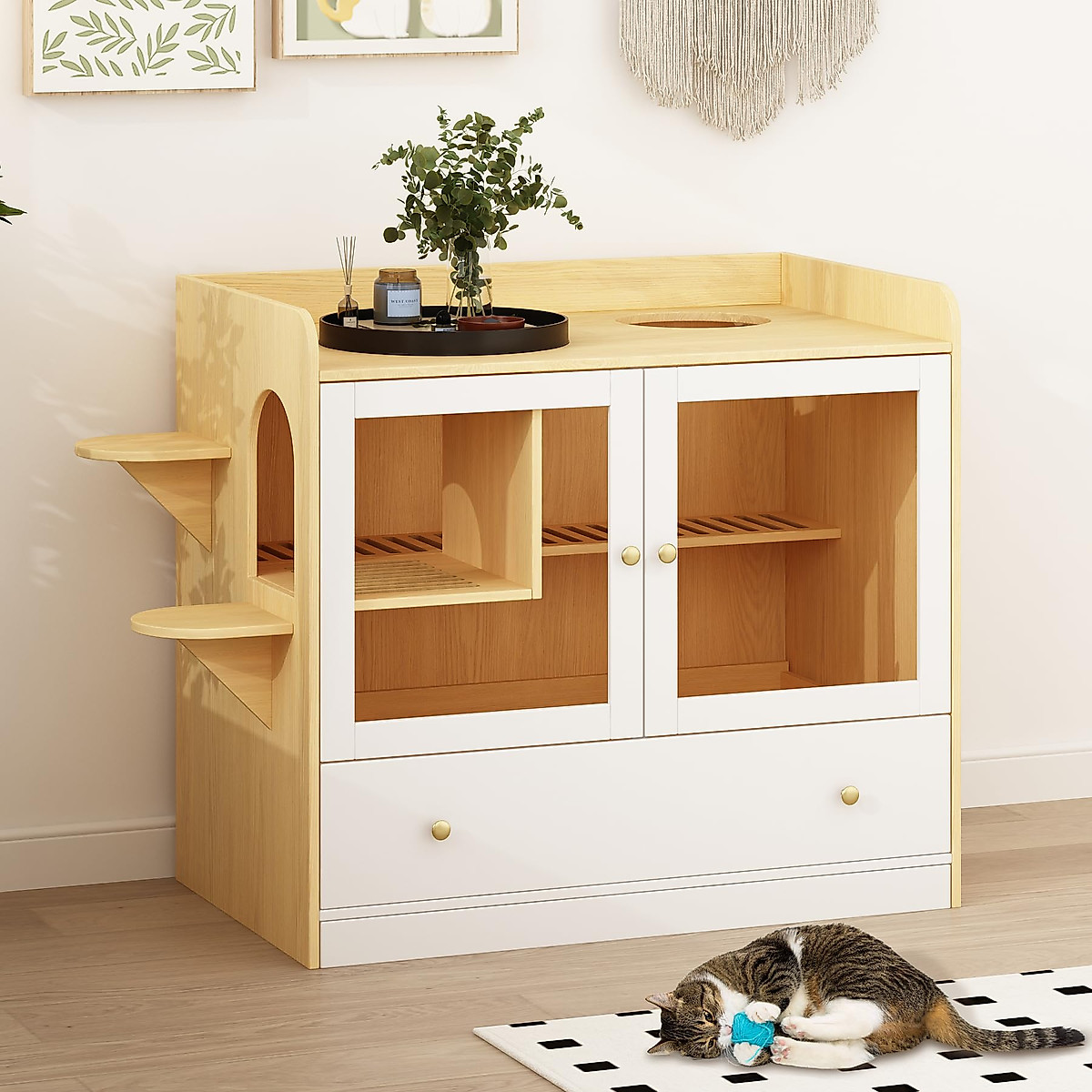 MOOLIVE Large Cat Litter Box Enclosure, Hidden Cat Litterbox Furniture with Drawer and Litter Leak Runway, Wooden Cat House Washroom for Bedroom, Living Room, Can Hold 2 Litterbox, White+Natural