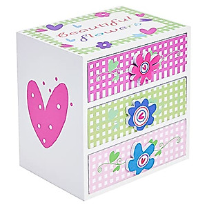 Small Floral Little Girls Jewelry Box with 3 Drawers and Flower Knobs, Square Wooden Organizer for Necklaces, Earrings, Rings, Kids Ages 4-13 Hair Accessory Storage (6 x 4.5 In)