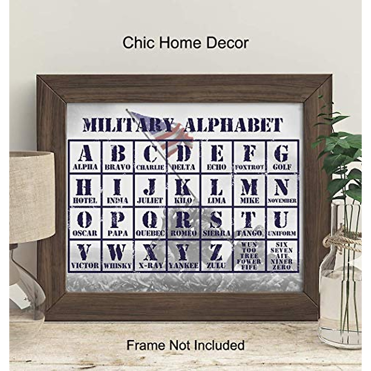 Military Alphabet - Patriotic Iwo Jima American Flag Wall Decor for Living Room - 8x10 Poster Print, Wall Art, Home Decoration- Patriotic Gift for Army, Navy, Marine, Air Force Veteran, Vet