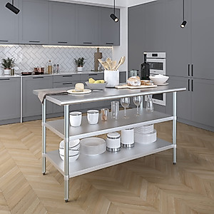 60" Long X 30" Deep Stainless Steel Work Table with 2 Shelves | Metal Food Prep Station | Commercial & Residential NSF Utility Table