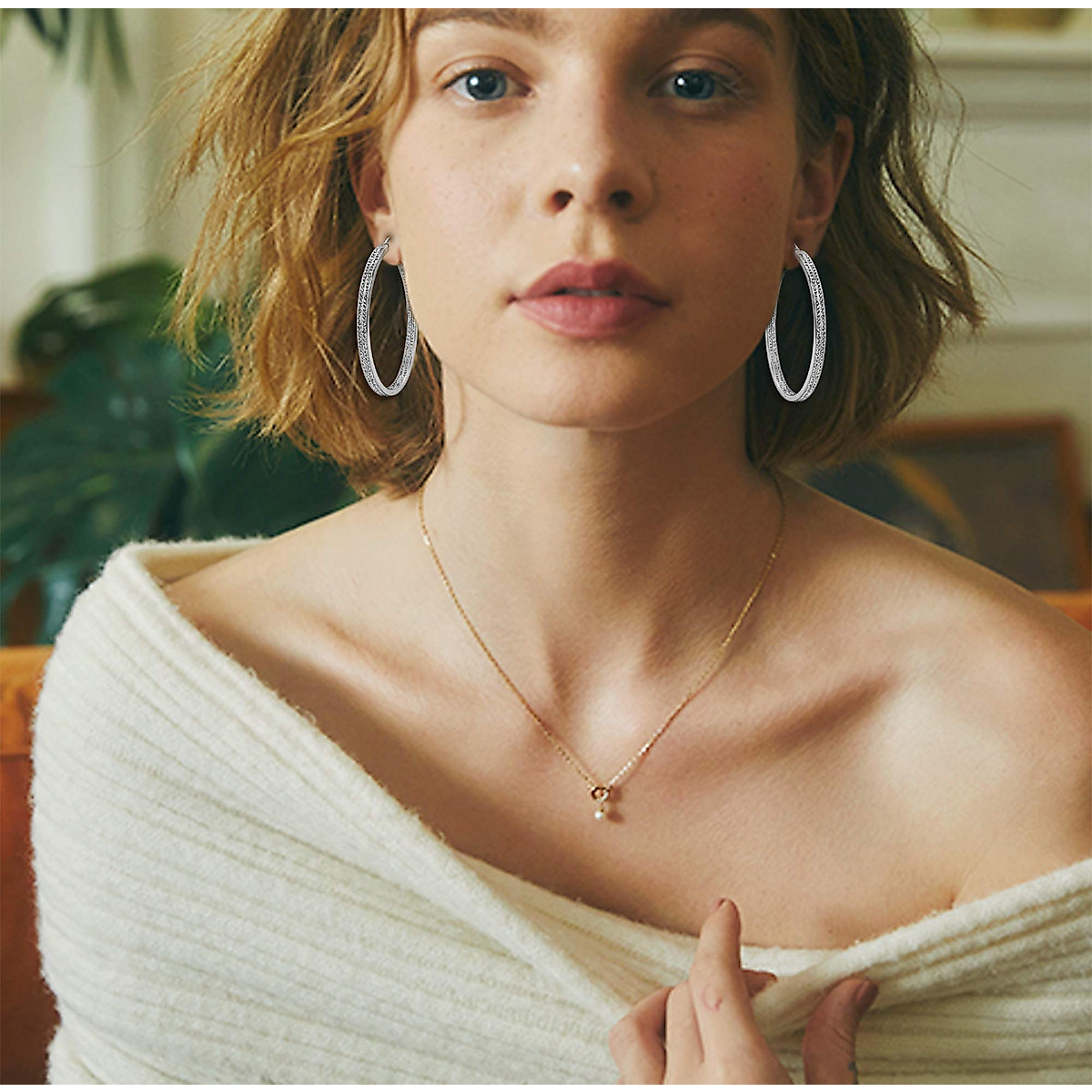 Jstyle Women's Stainless Steel Pierced Large Hoop Earrings with Rhinestone