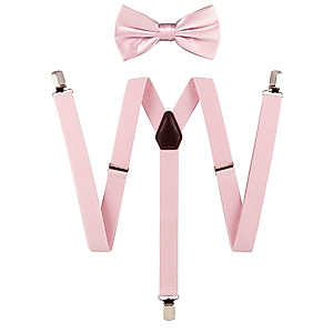 TIE G Solid Color Men's Suspender + Woven Bow Tie Set for Wedding : Vivid Color, Adjustable Brace, Strong Enhanced Clip, Elastic Band (Blush)