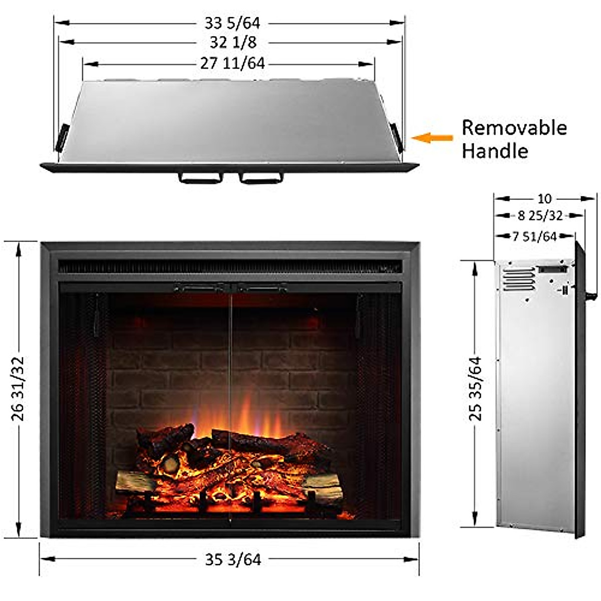 PuraFlame Klaus Electric Fireplace Insert with Fire Crackling Sound, Glass Door and Mesh Screen, 750/1500W, Black, 33 1/16 Inches Wide, 25 9/16 Inches High