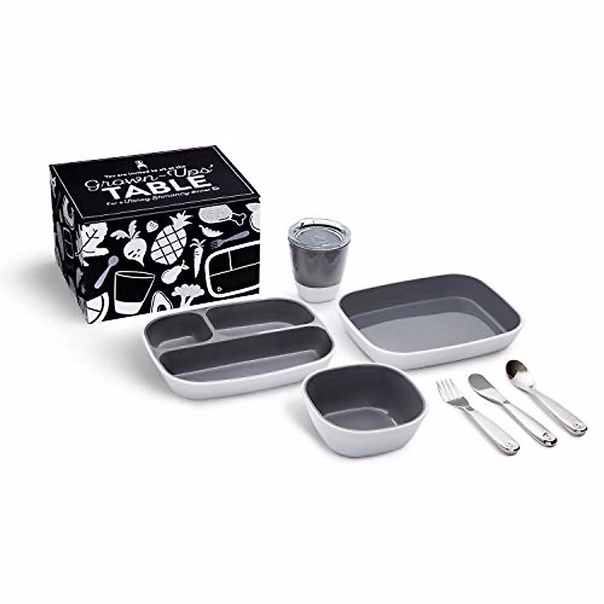 Munchkin® Grown Ups Table 7pc Toddler Feeding Supplies Gift Set, Includes Plates, Bowl, Open Cup and Stainless Steel Utensils, Grey