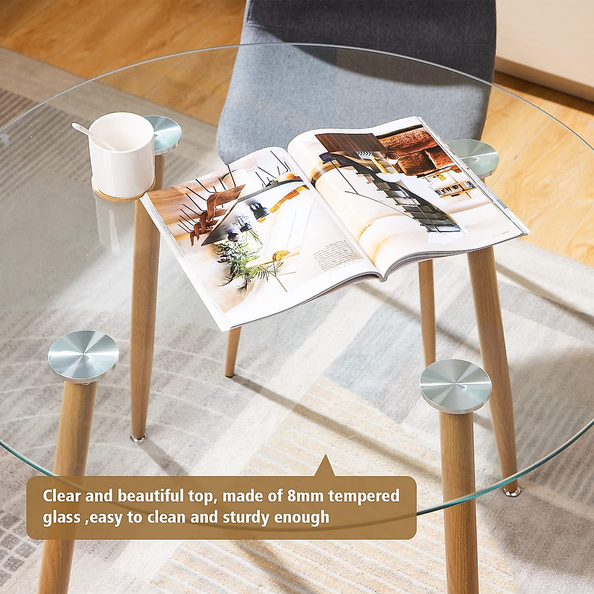 Bacyion 5 Pieces Dining Table Set for 4, Round Glass Dining Table and Fabric Chairs with Metal Legs, Modern Table and Chairs for Dining Room and Kitchen