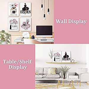 CoziTech Fashion Women Canvas Wall Art Framed, Modern Artwork for Girls Bedroom Wall Décor Pink Flowers Perfume Art Print Handbag High Heel Wall Picture Paintings for Women Room Décor. Set of 4. 8x10in - (Ready to Hang)