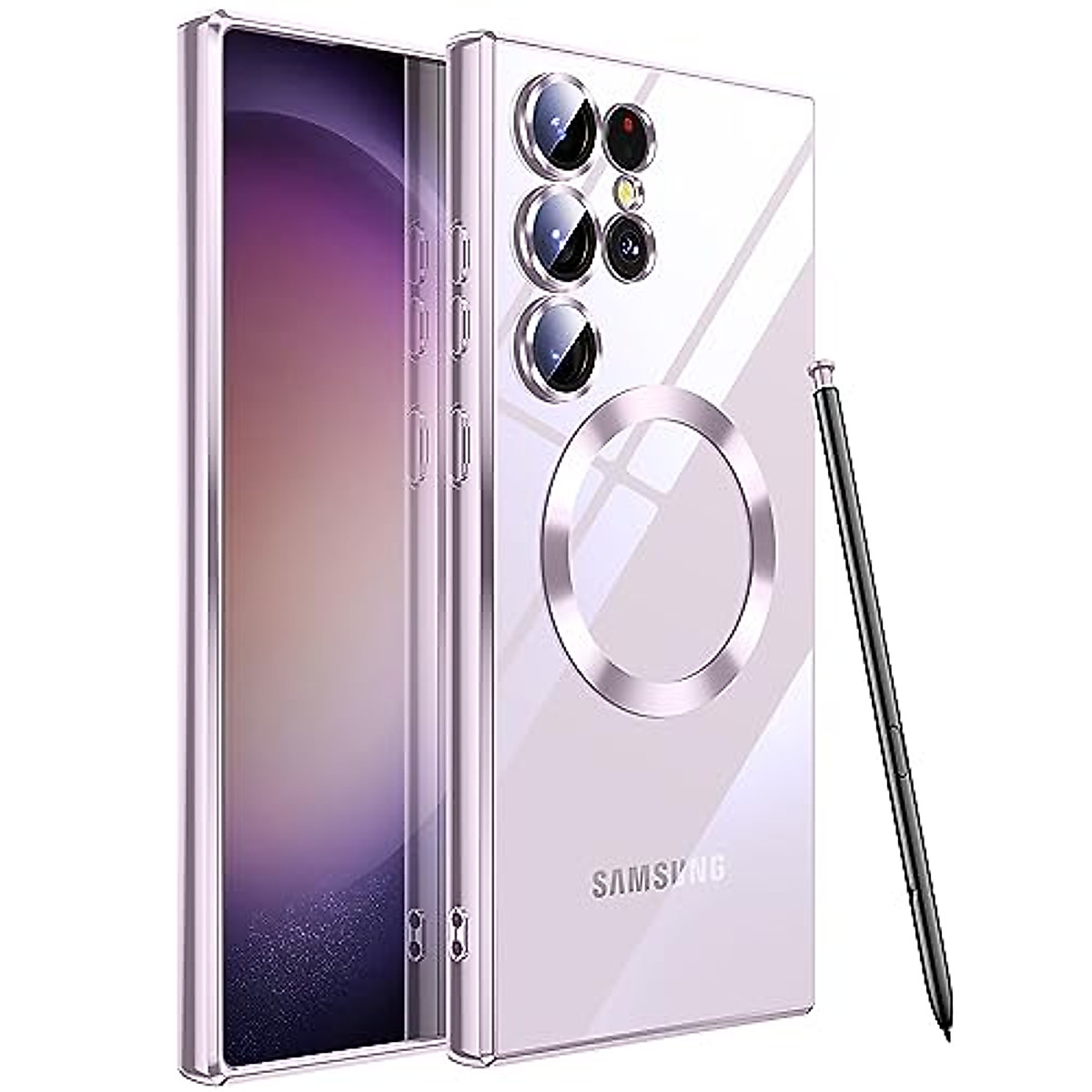 JUESHITUO for Samsung Galaxy S23 Ultra Case, [Full Camera Cover Protection] [Compatible with MagSafe] Magnetic Metallic Glossy Clear Luxury Soft Case for Galaxy S23 Ultra 5G 6.8 inch -Lavender Purple