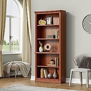 Furniwell Bookcase Bookshelves, 5 Tier Wooden Tall Floor Standing Books Shelves Display Dector Furniture for Bedroom, Living Room, Home Office (Cherry)
