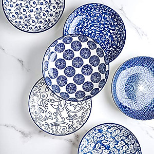 Selamica Porcelain Salad Pasta Bowls, Serving bowls, Microwave & Dishwasher Safe, Sturdy & Stackable - 26 Ounce, Set of 6, Vintage Blue