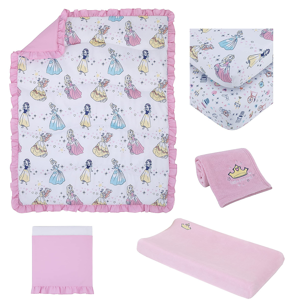 Disney Little Princess Pink, Blue, Yellow and White Stars and Hearts Cinderella, Snow White, Belle and Aurora 6 Piece Nursery Crib Bedding Set