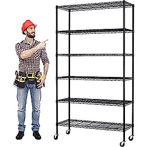 HHS Storage Shelf Metal Shelves Wheels Wire Shelving Unit 48 x 18 x 82(2100LBS) Sturdy Steel 6 Tier Layer Rack Casters for Restaurant Garage Pantry Kitchen Garage Rack Black (A776Black)