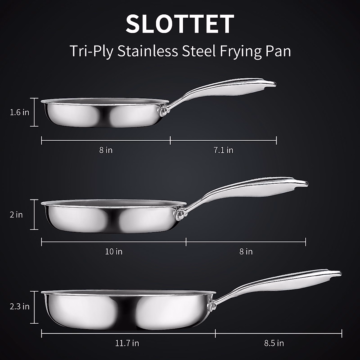 SLOTTET 8 Inch Tri-Ply Stainless Steel Frying Pan,Whole-Clad No Coatings Skillet with Stay-cool Handle for Cooking,Dishwasher and Oven Safe,Induction Pans