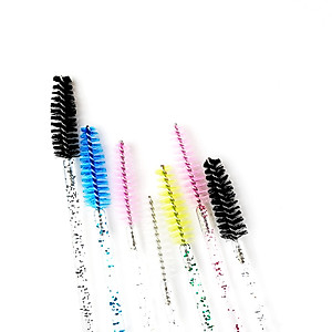 i-Laesh 100 Pcs Disposable Eyelash Brushes, Mascara Wands, Spoolies for Eyelash Extensions, Spoolie Eyebrow Brow Makeup Supplies Kit Glitter Applicator Tool Accessories Bristle (Crystal Pink)