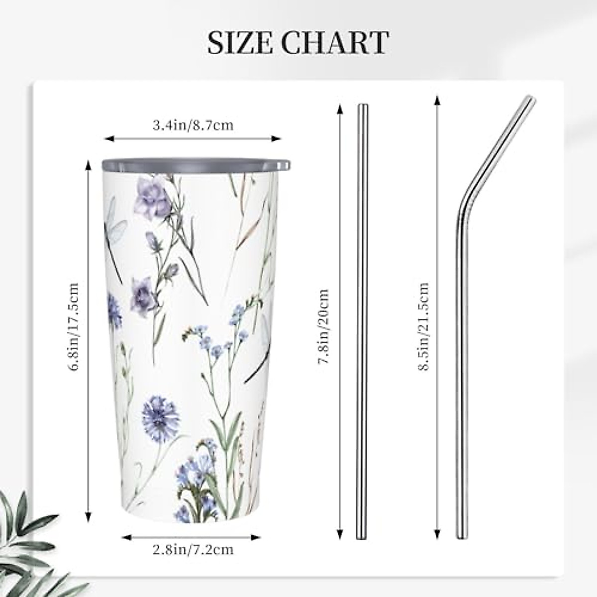 20oz Tumbler Watercolor Flowers Dragonfly Double Wall Vacuum Insulated Coffee Mug with Lid and Metal Straw Brush Reusable Stainless Steel Water Bottle Travel Cup Gifts for Car Ice Drinks Hot Beverage